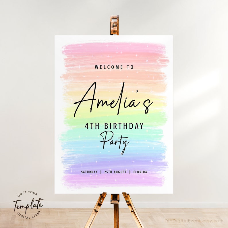 Rainbow Birthday Welcome Sign Template Editable Colorful Pastel ...