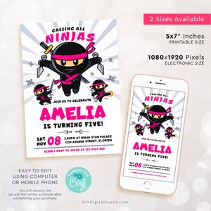 Editable Pink Ninja Birthday Invitation Template Printable Ninja ...