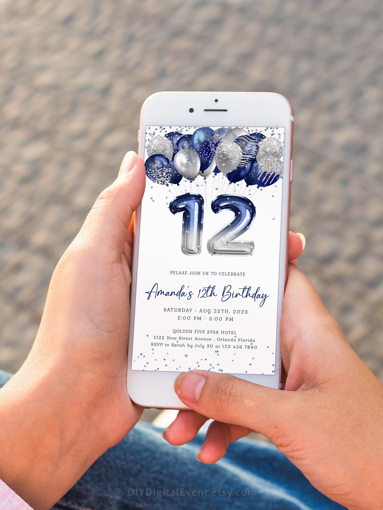 Editable 12th Birthday Invitation Template Navy Blue and Silver ...