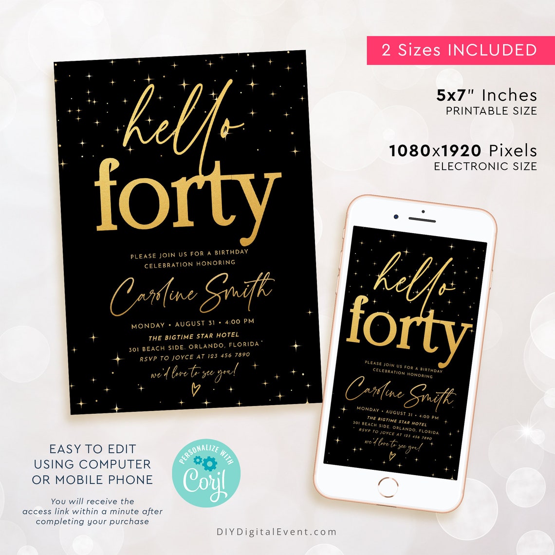 Editable 40th Birthday Invitation Template Printable Gold - Etsy