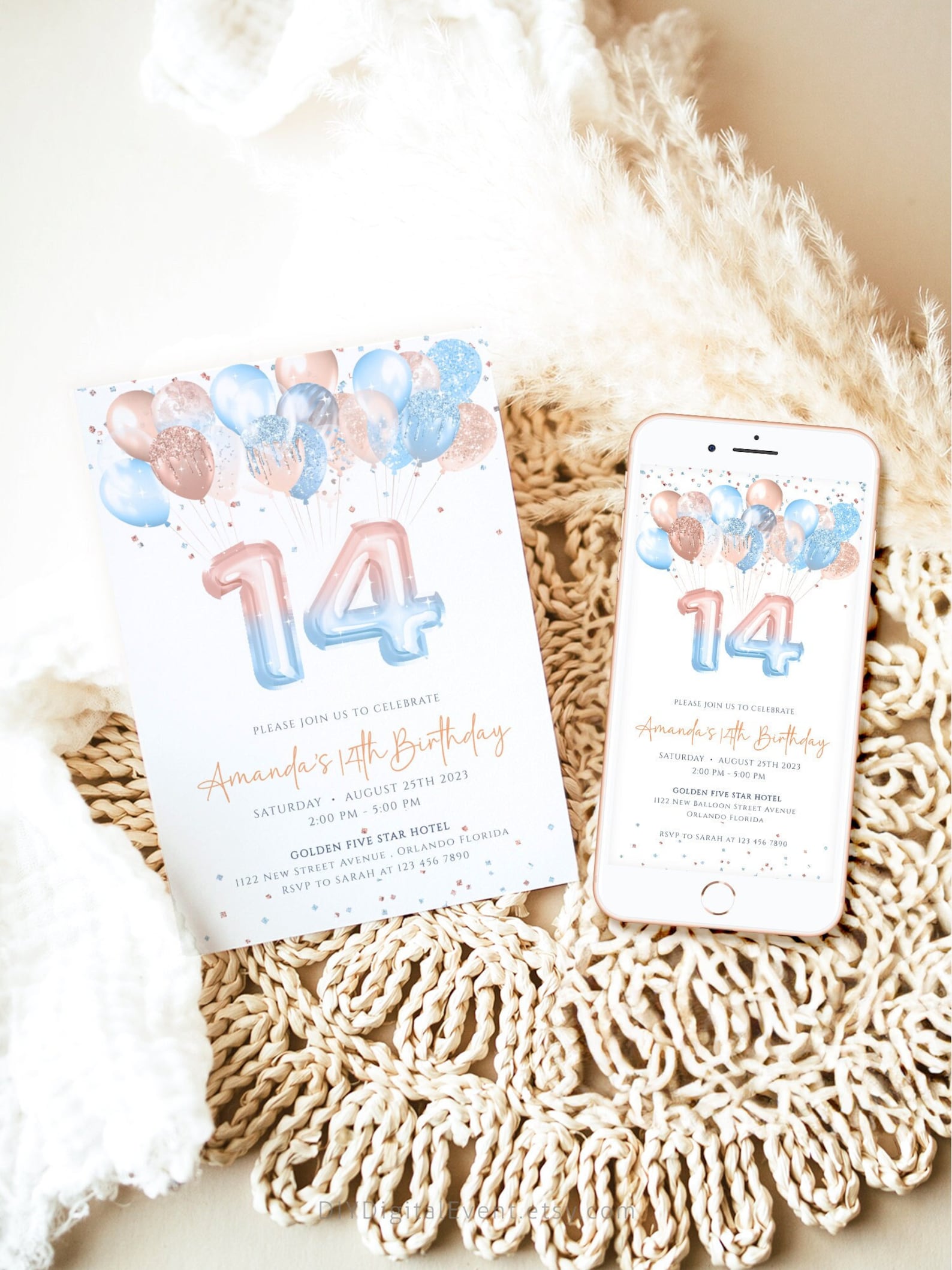 Editable 14th Birthday Invitation Template Rose Gold Blue Balloons 14th ...