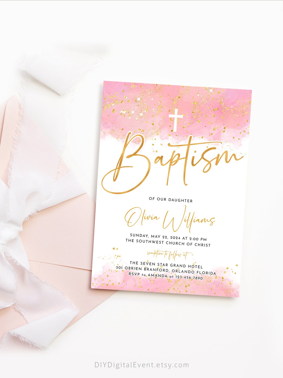 Editable Baptism Invitation Template Printable Minimalist Pink Gold ...