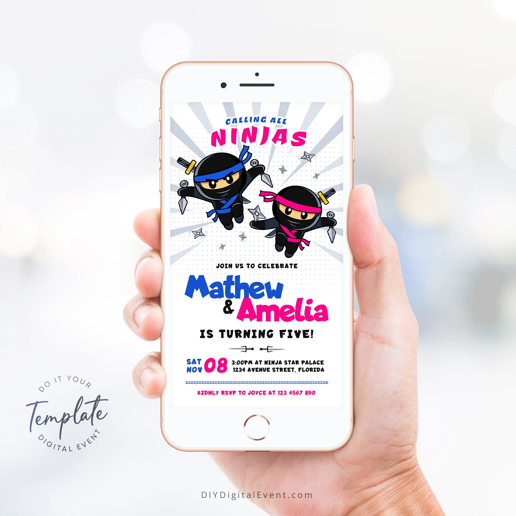 Editable Twin Ninja Birthday Invitation Template Printable - Etsy