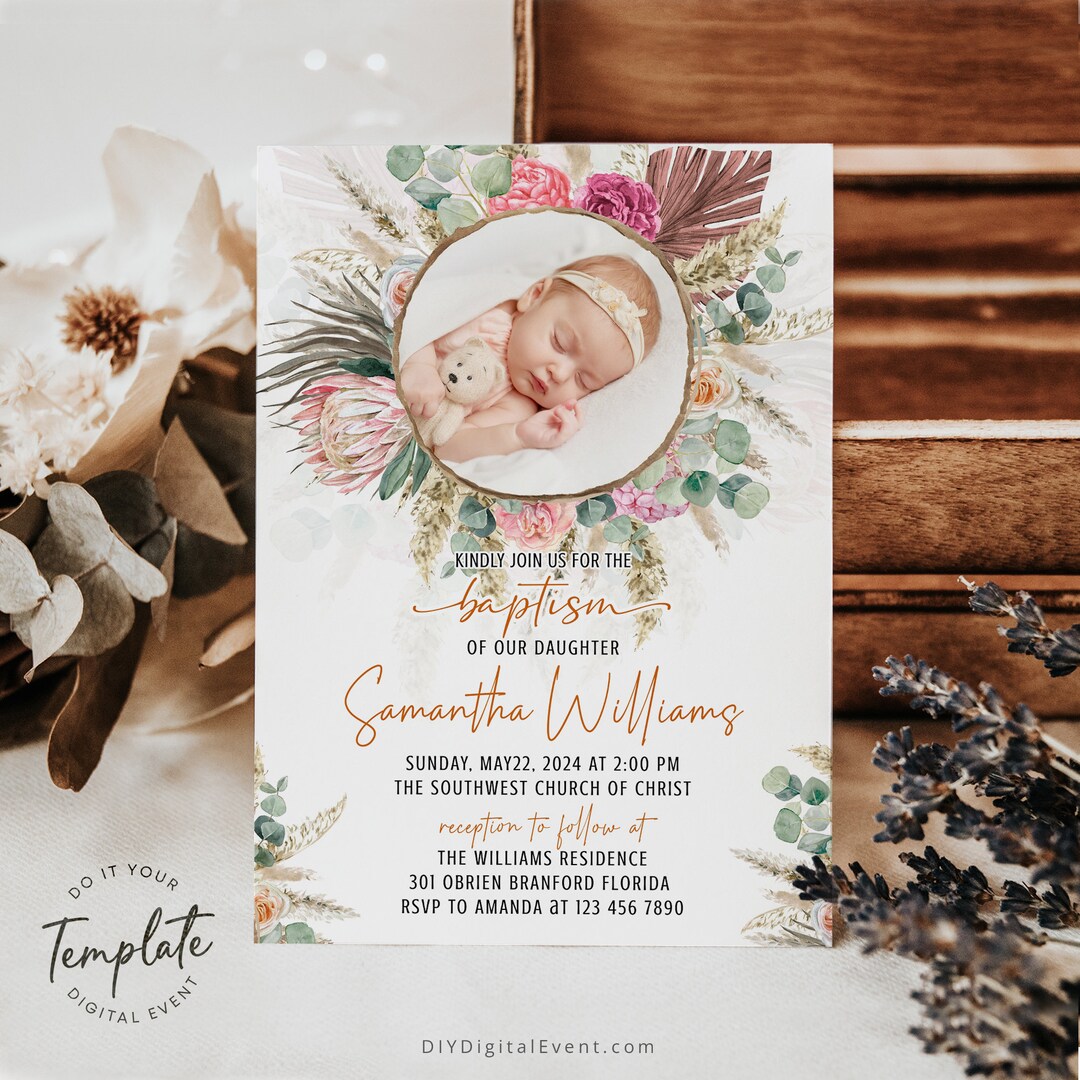 Boho Baptism Invitation Template Boho Christening Invitation Editable ...
