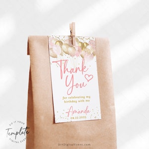 Gold Pink Thank You Tag Template Editable Favor Tag Balloons Birthday ...