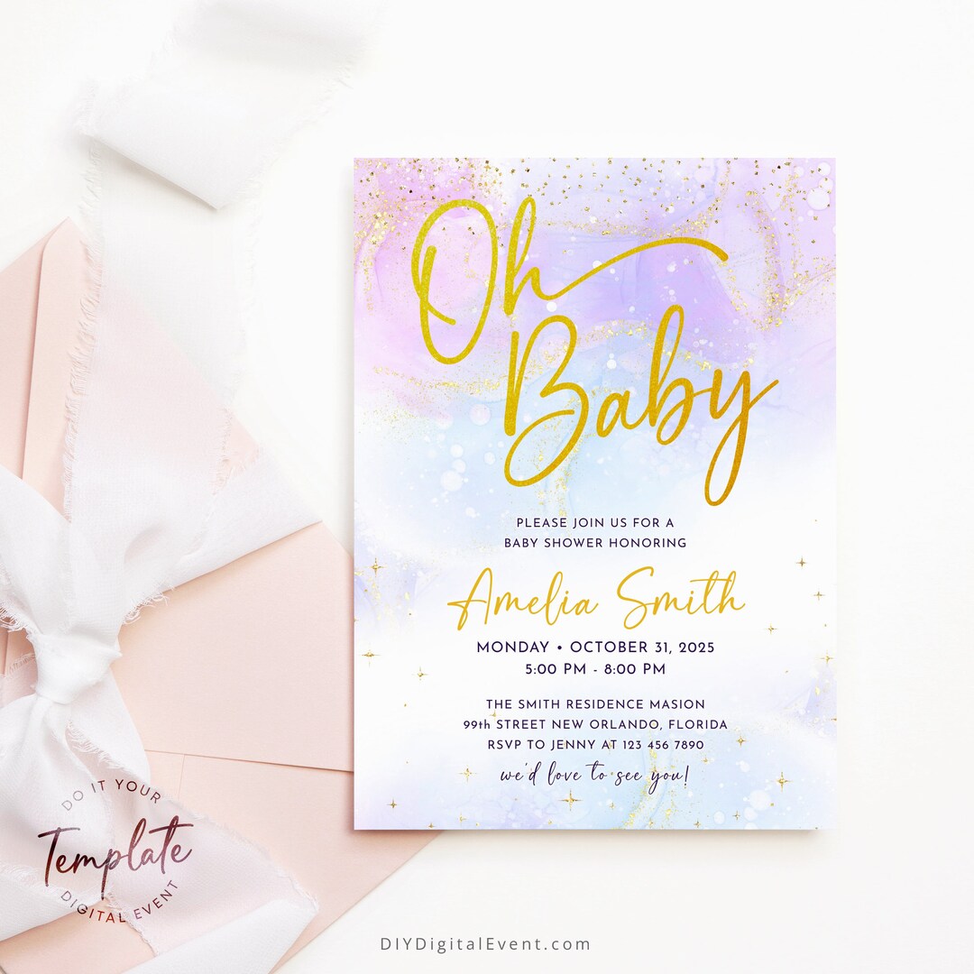Plantilla de invitación editable para baby shower en color morado y ...