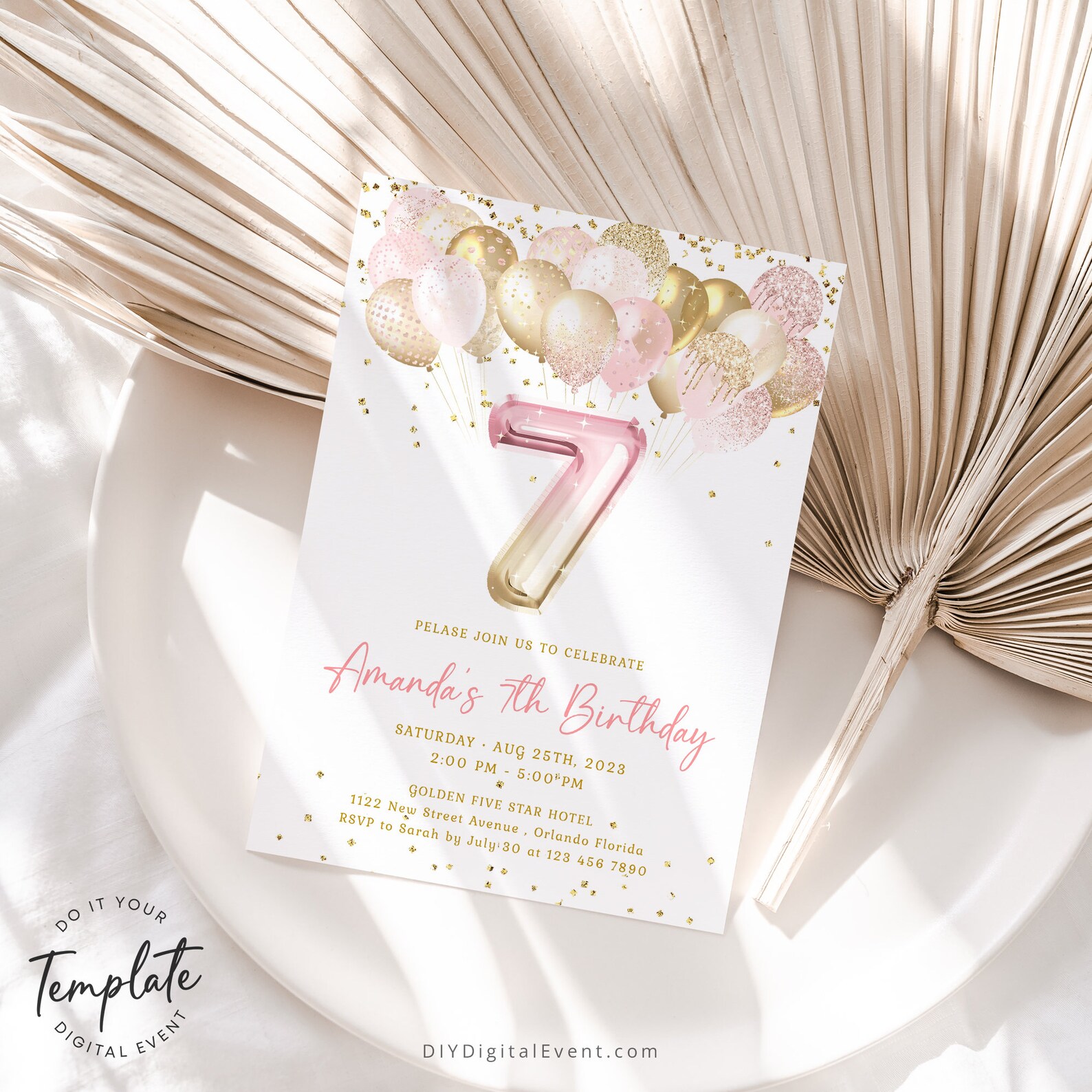 Editable 7th Birthday Invitation Template Gold Pink Glittery - Etsy