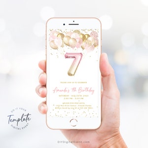 Editable 7th Birthday Invitation Template Gold Pink Glittery Balloons ...