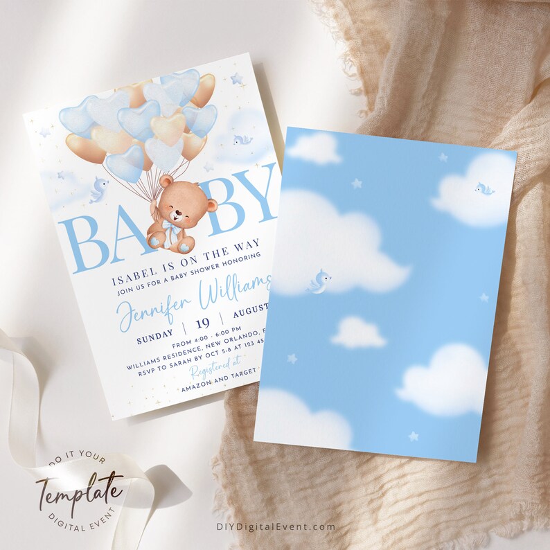 Editable Blue Bear Baby Shower Invitation Template Printable Balloon ...