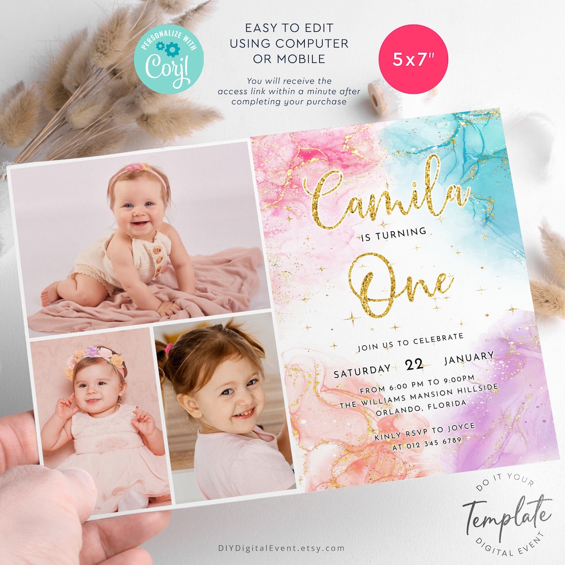 Editable First Birthday Invitation Template Printable Colorful Rainbow ...