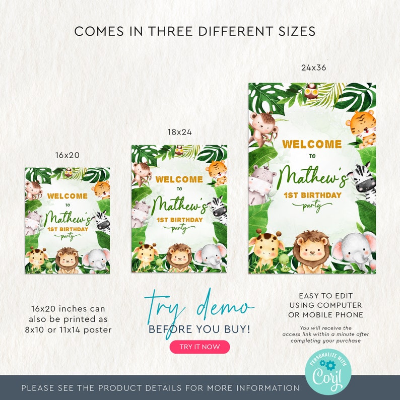 Editable Safari Animals Welcome Sign Template Wild One Safari - Etsy