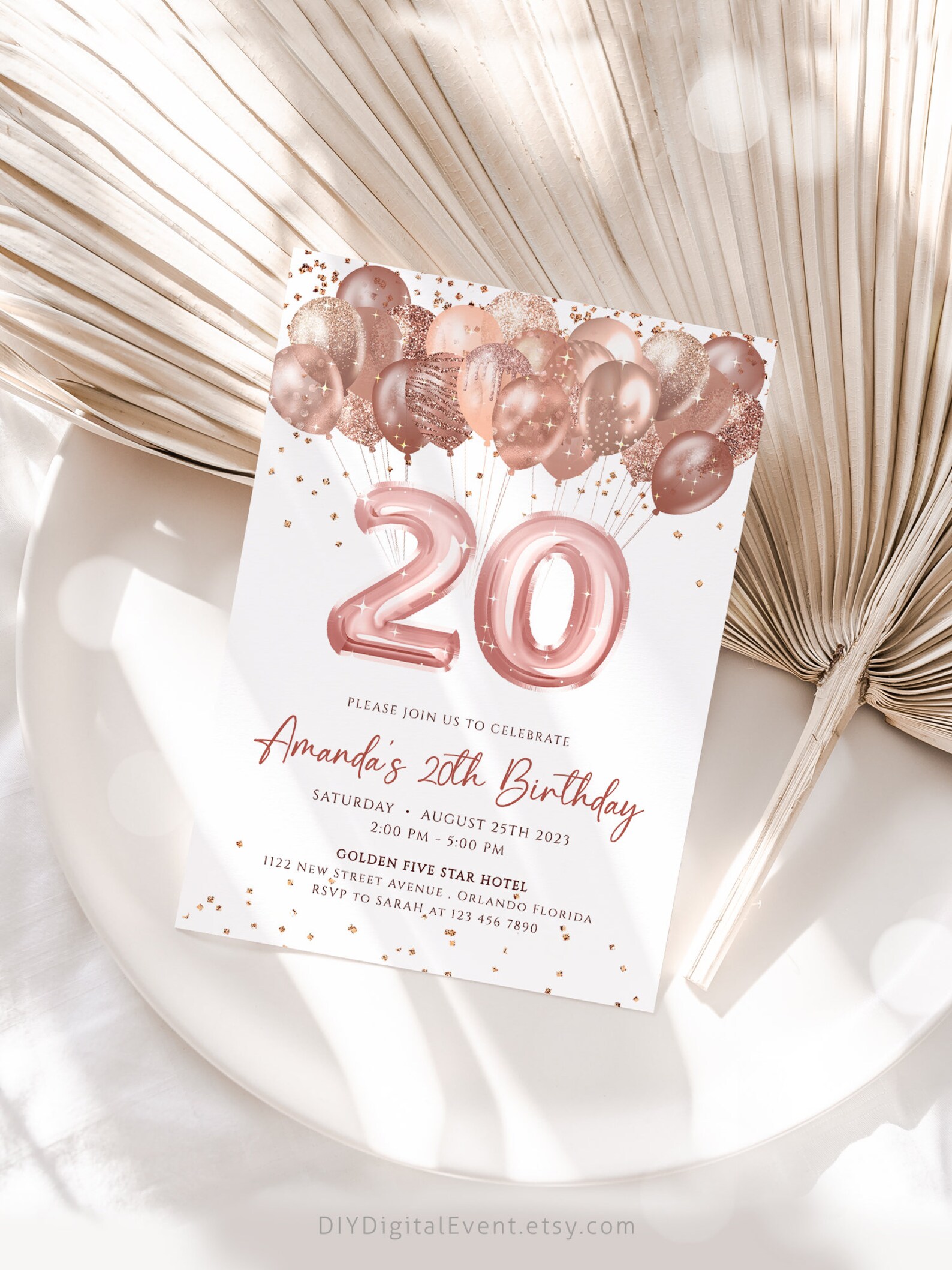 Rose Gold 20th Birthday Invitation Template Editable Twenty Birthday ...