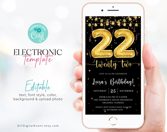 22nd Birthday Invitation Template Electronic Birthday Invite | Etsy