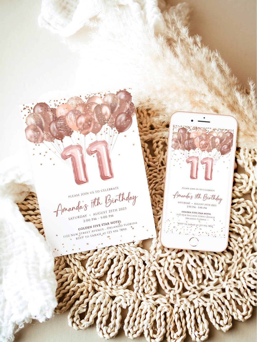 Rose Gold 11th Birthday Invitation Template Editable Eleven Birthday ...