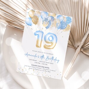 Editable 19th Birthday Invitation Template Blue Gold Glittery Balloons ...