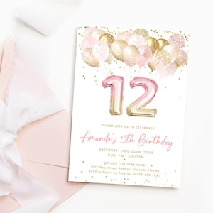 Editable 12th Birthday Invitation Template Gold Pink Glittery Balloons ...