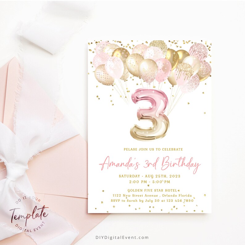 Editable 3rd Birthday Invitation Template Gold Pink Glittery Balloons ...