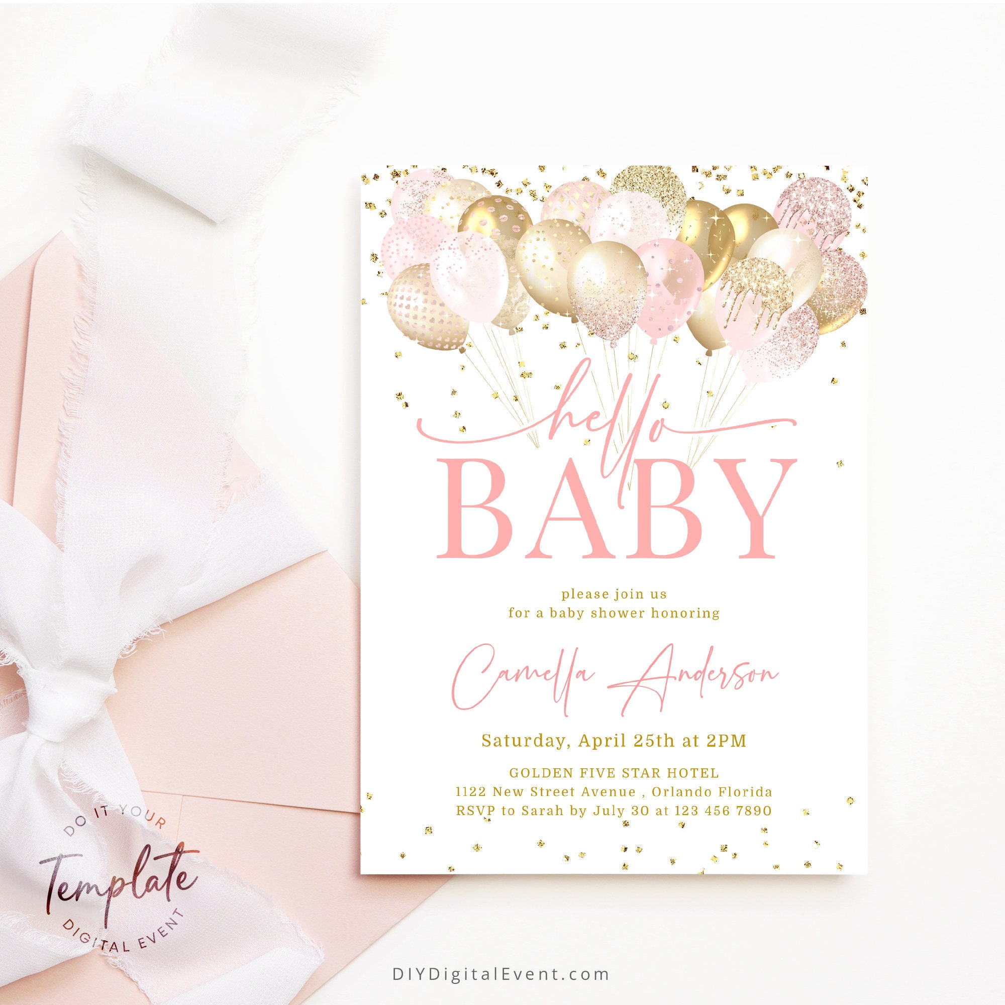 Editable Hello Baby Shower Invitation Template Electronic Gold - Etsy