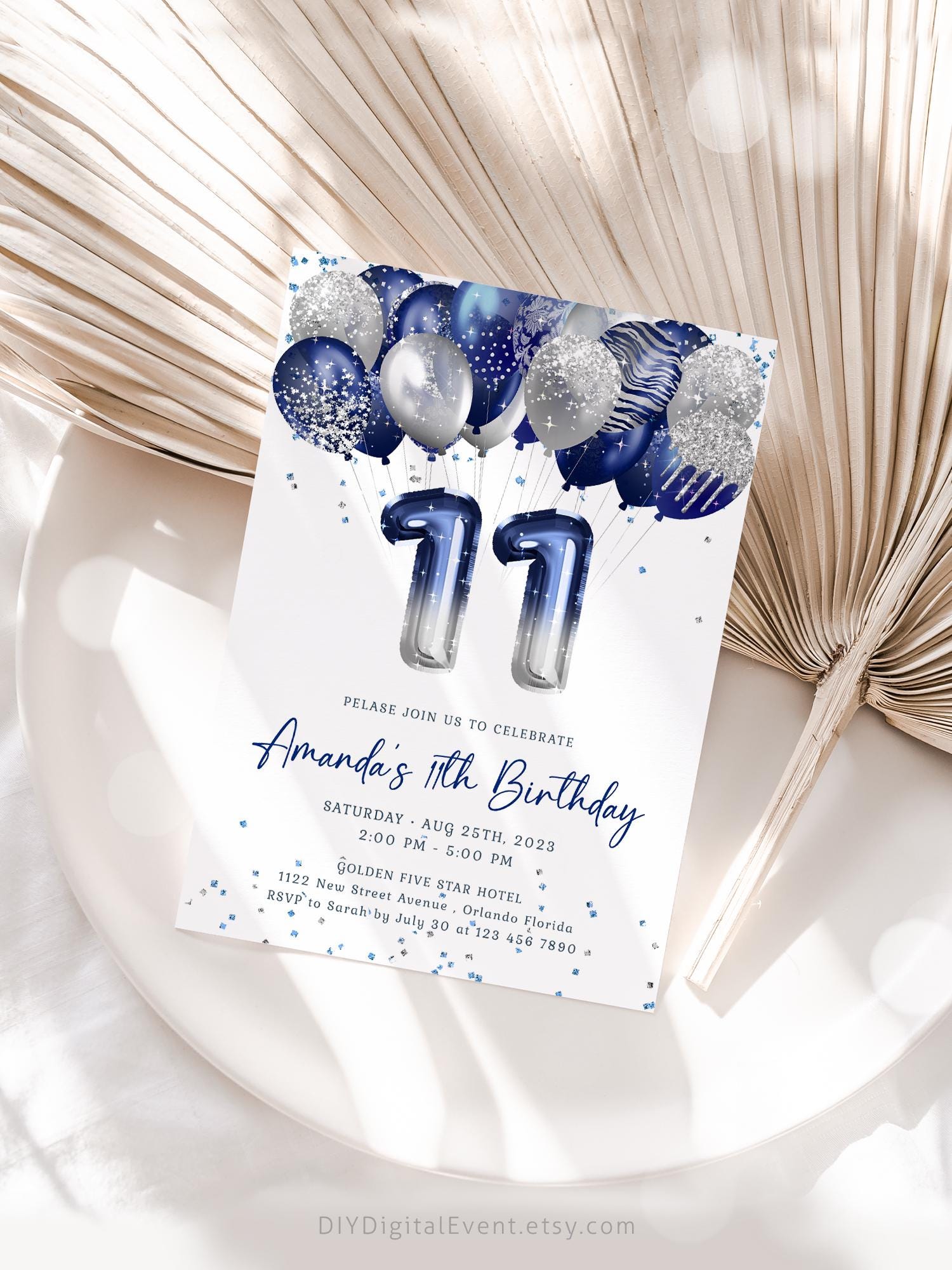 Editable 11th Birthday Invitation Template Navy Blue and Silver ...