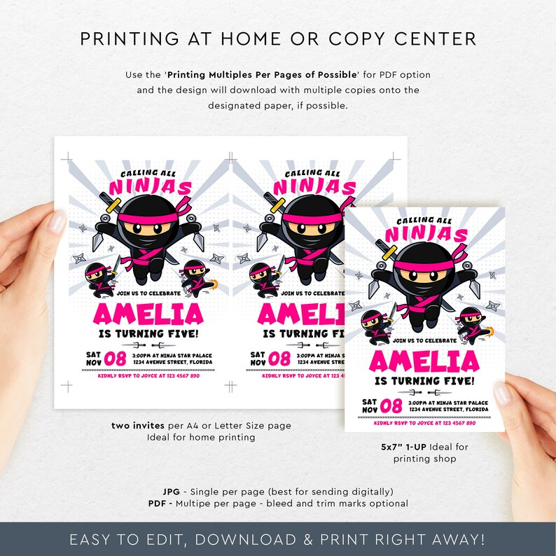 Editable Pink Ninja Birthday Invitation Template Printable - Etsy
