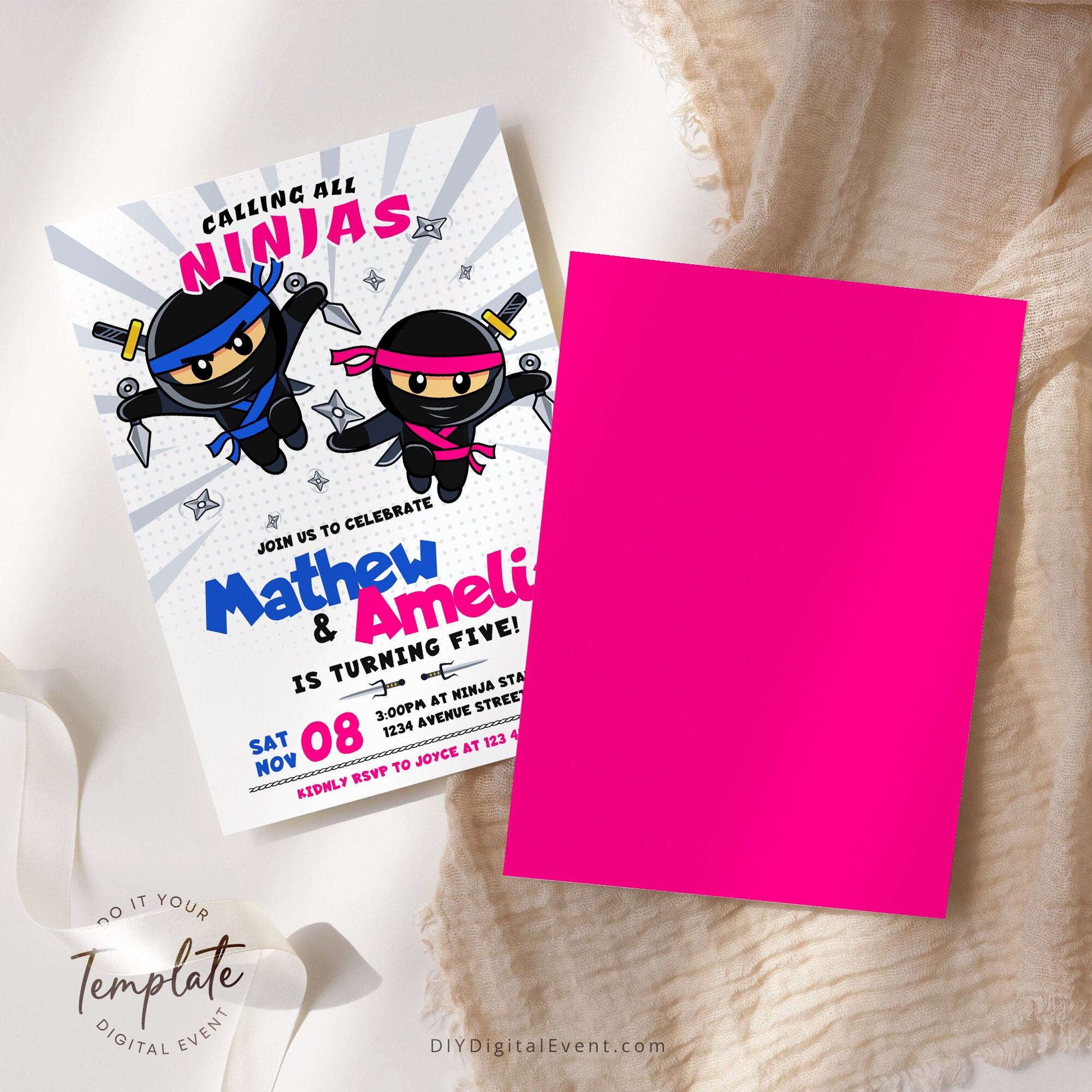 Editable Twin Ninja Birthday Invitation Template Printable - Etsy