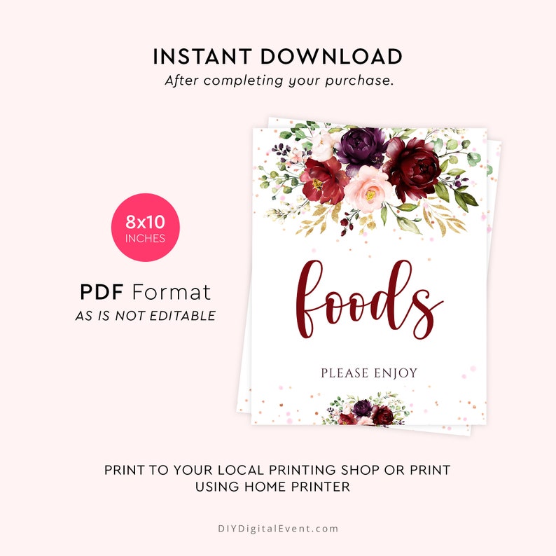 Foods Sign Burgundy Floral Foods Sign Printable Baby Shower - Etsy