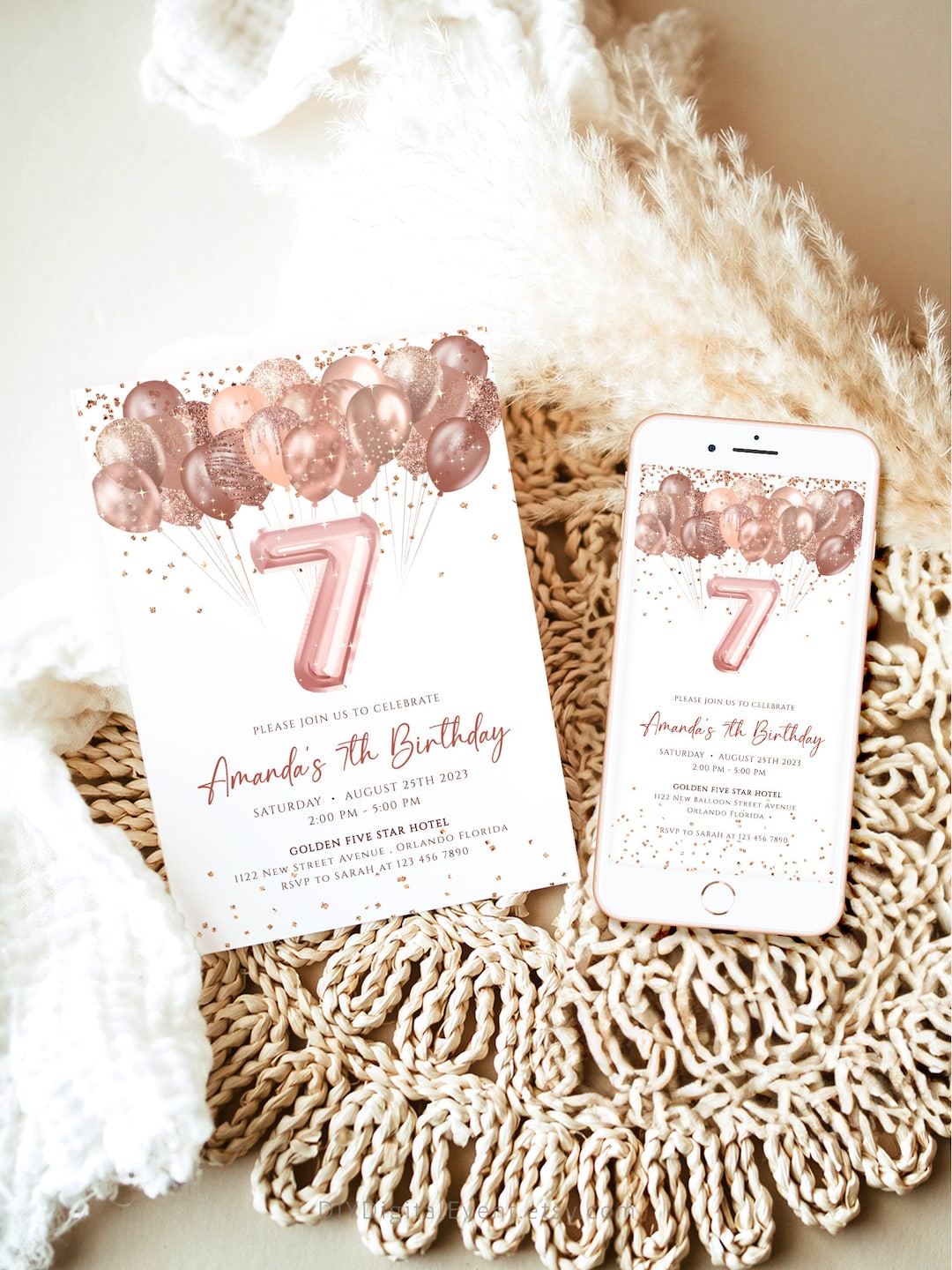 Editable 7th Birthday Invitation Template Rose Gold Glittery Balloons ...