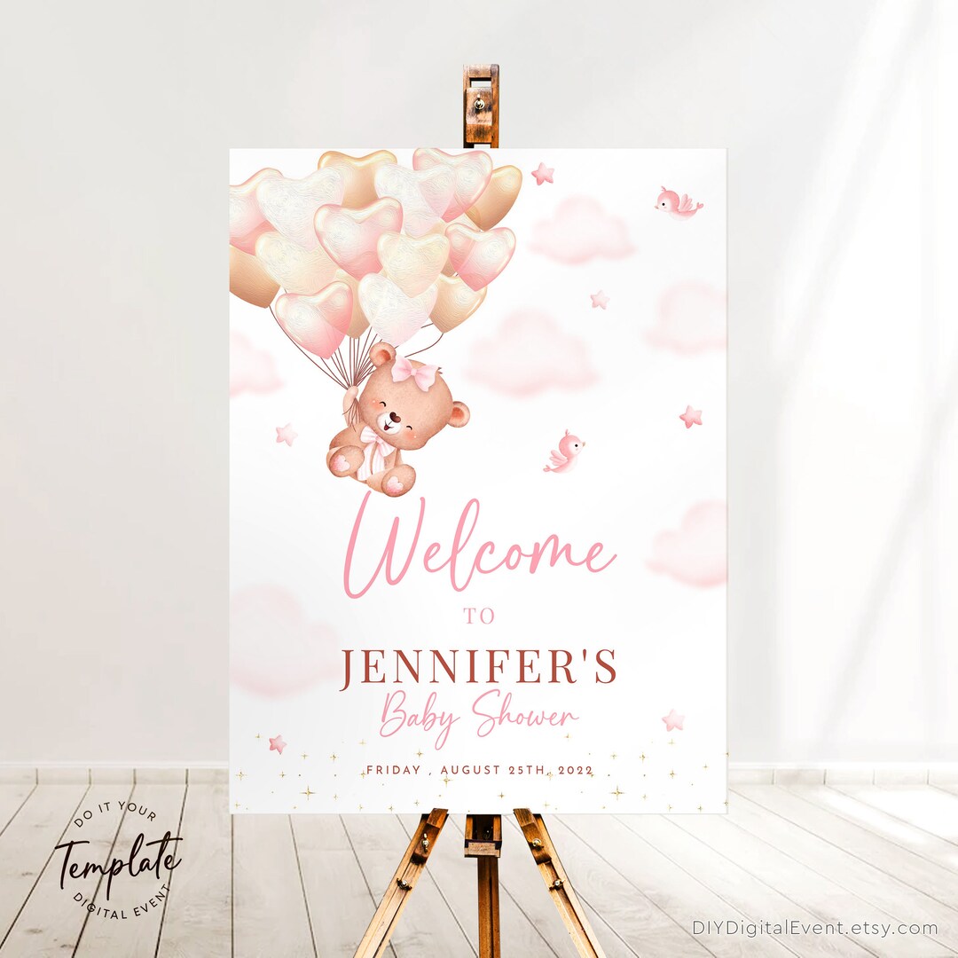 Editable Bear Balloon Welcome Sign Template Printable Teddy Bear ...