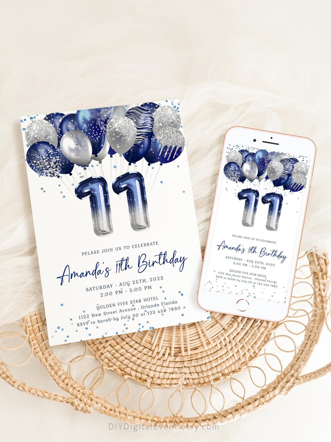 Editable 11th Birthday Invitation Template Navy Blue and Silver ...