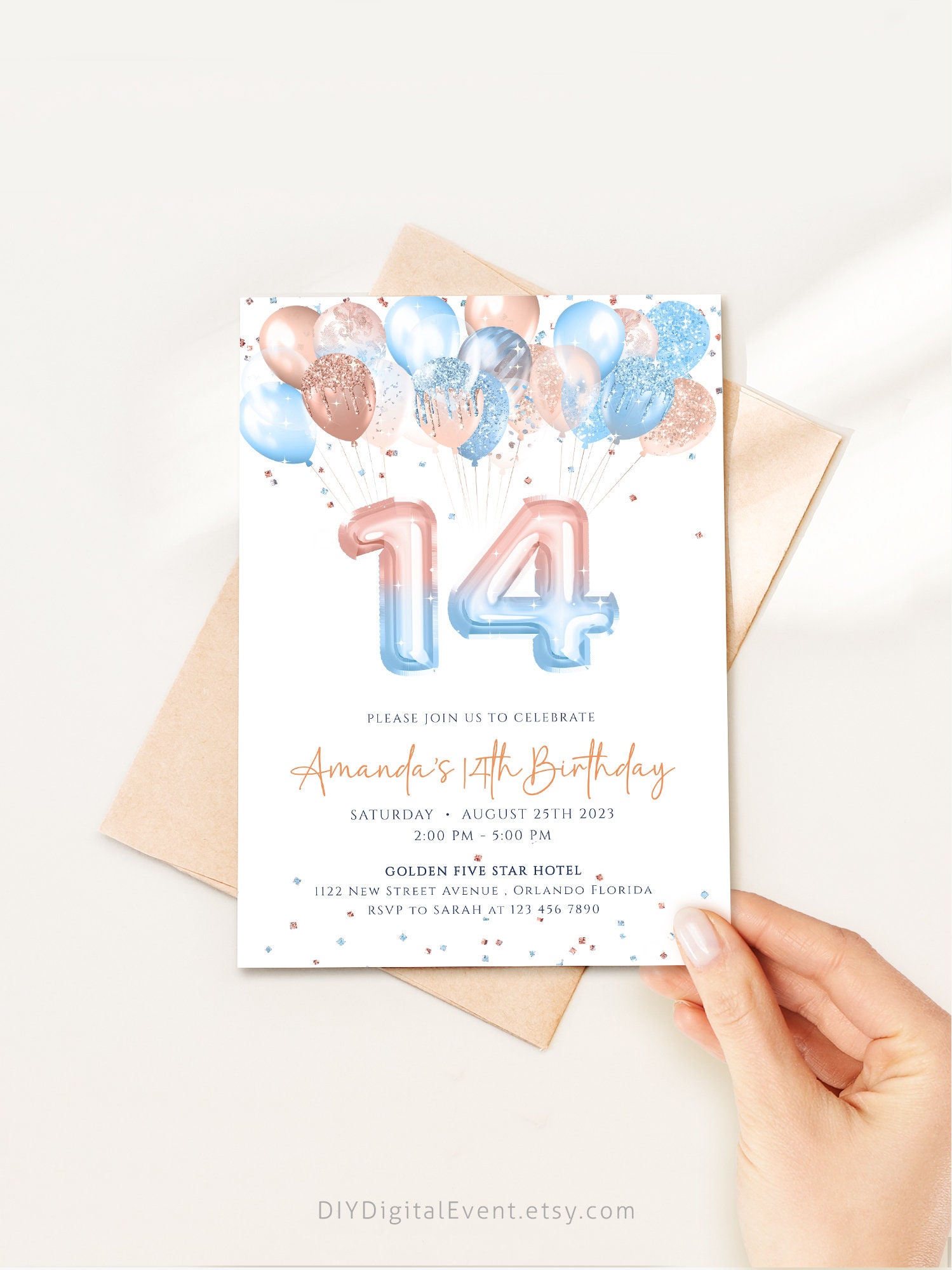 Editable 14th Birthday Invitation Template Rose Gold Blue Balloons 14th ...