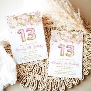 Editable 13th Birthday Invitation Template Gold Pink Glittery Balloons ...