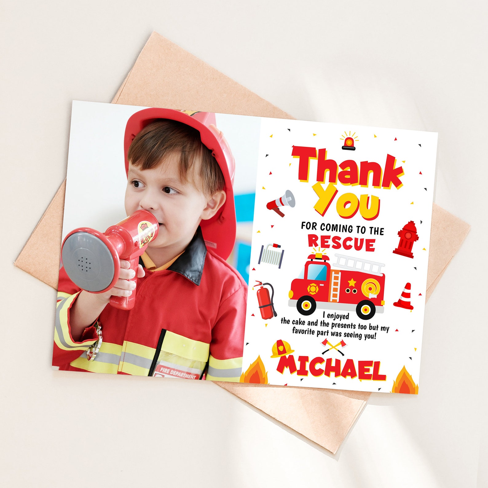 Firetruck Birthday Thank You Card Template Printable Firetruck - Etsy
