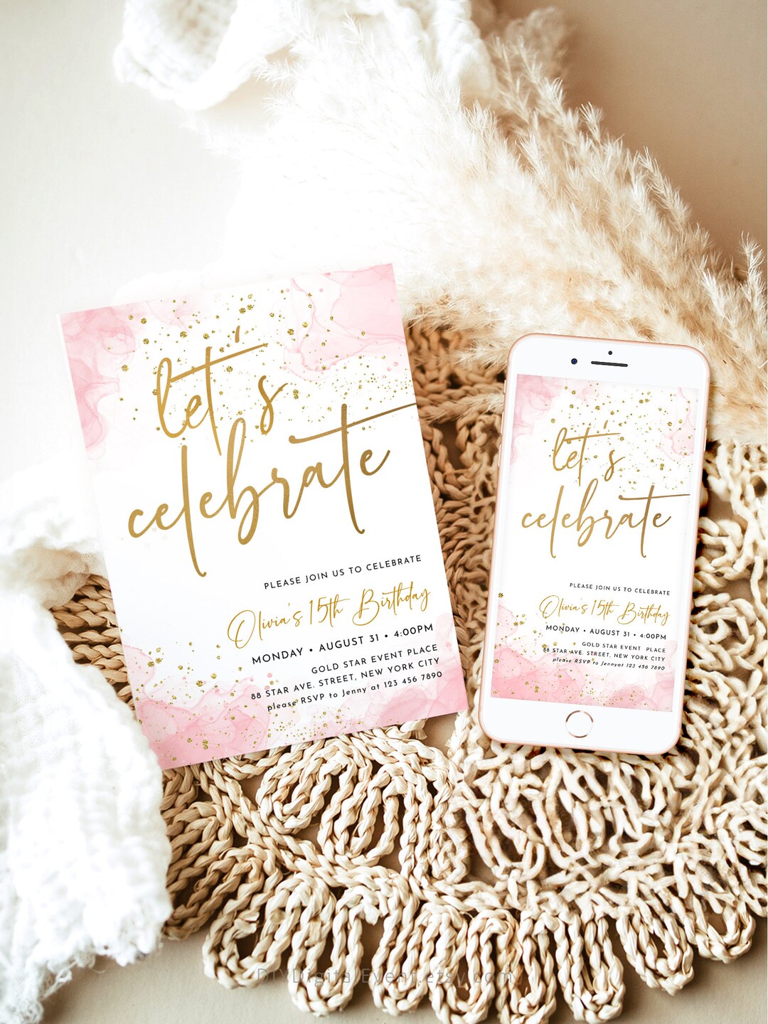 Blush Pink Let's Celebrate Invitation Template Editable Surprise ...