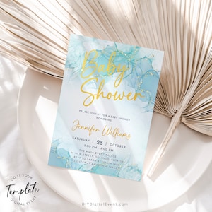 Editable Baby Shower Invitation Template Aqua Gold Baby Shower ...