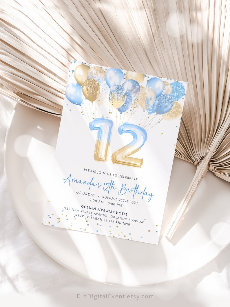 Editable 12th Birthday Invitation Template Blue Gold Glittery Balloons ...