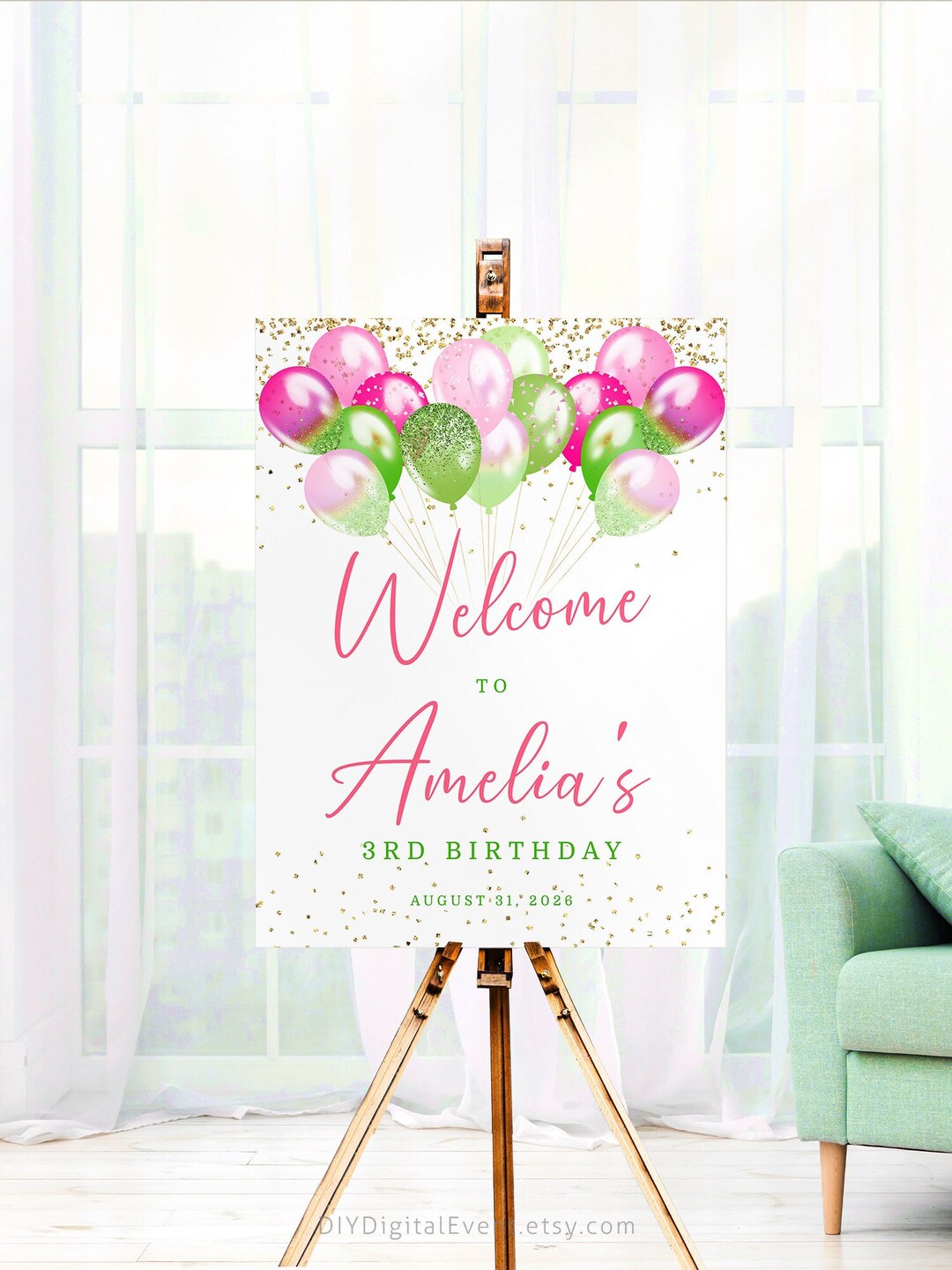 Pink and Green Birthday Welcome Sign Template Editable Balloons ...
