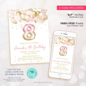 Editable 8th Birthday Invitation Template Gold Pink Glittery Balloons ...