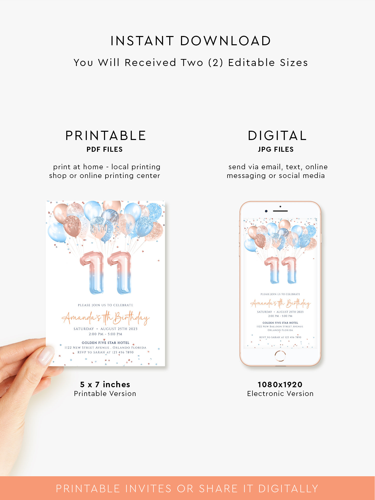 Editable 11th Birthday Invitation Template Rose Gold Blue Balloons 11th ...