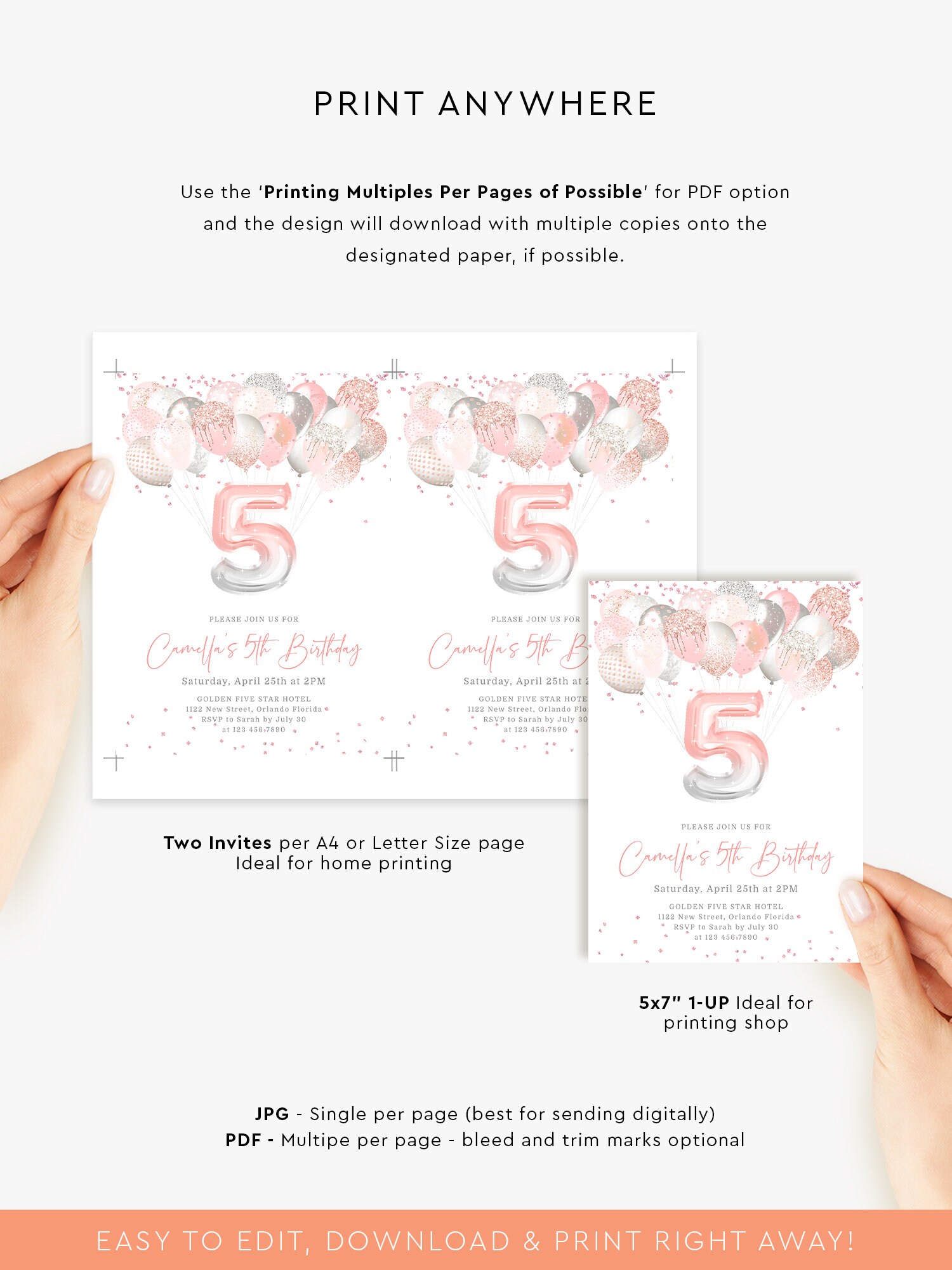 Girl Birthday Invitation Printable 5th Birthday Party Invite Editable ...