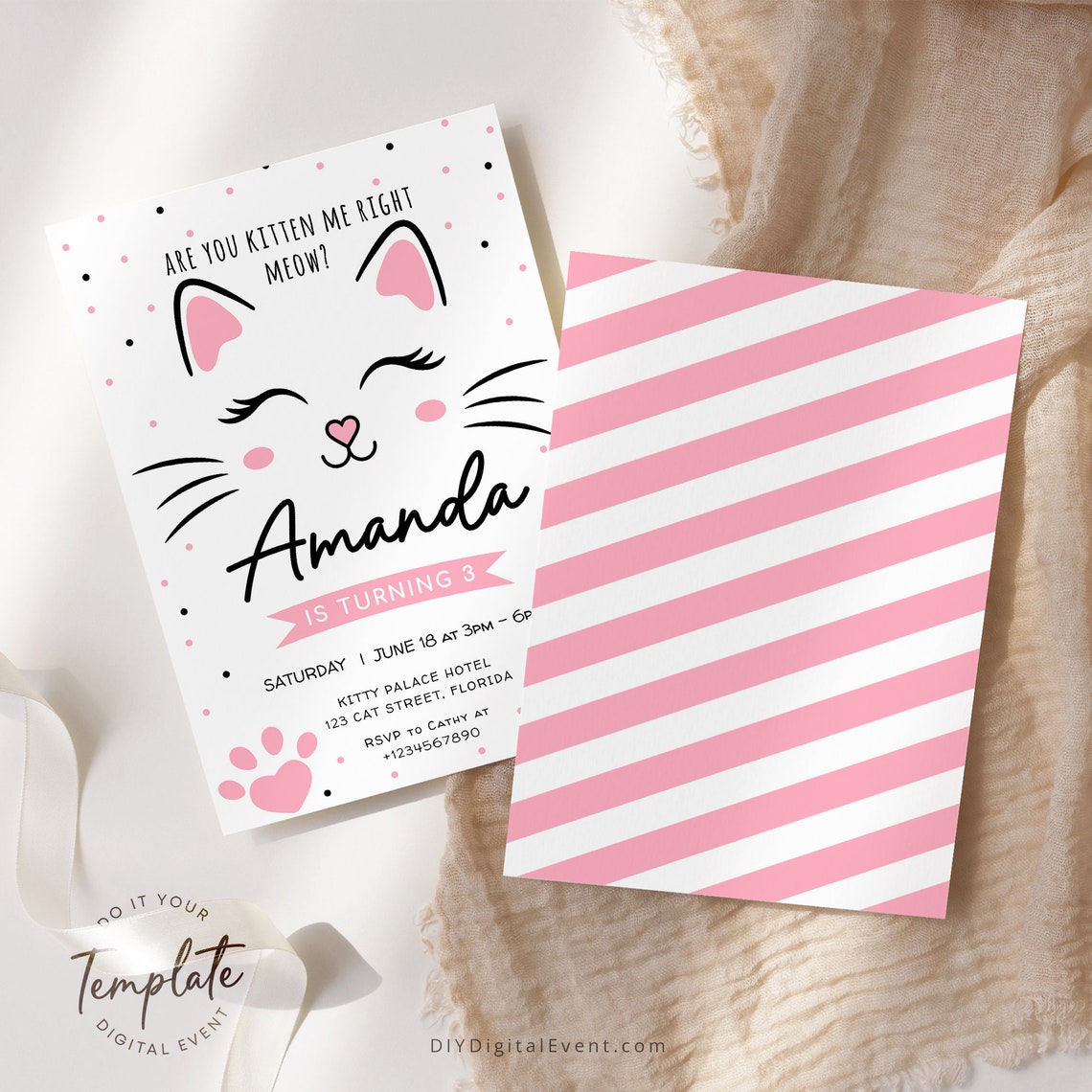 Kitty Cat Birthday Invitation Template Editable Kitten Birthday Party ...