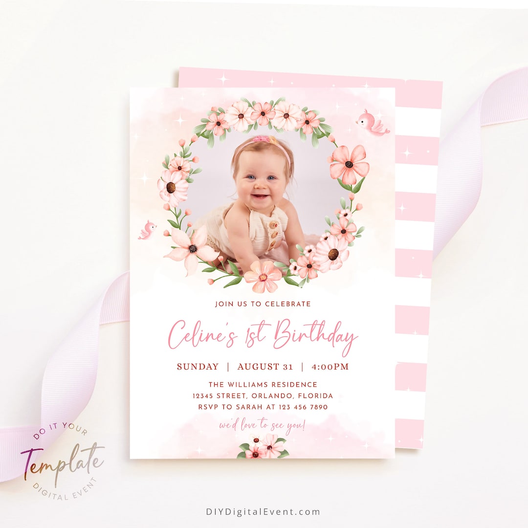 Editable Pink Flower Birthday Invitation Template Pink Flowers Wreath ...