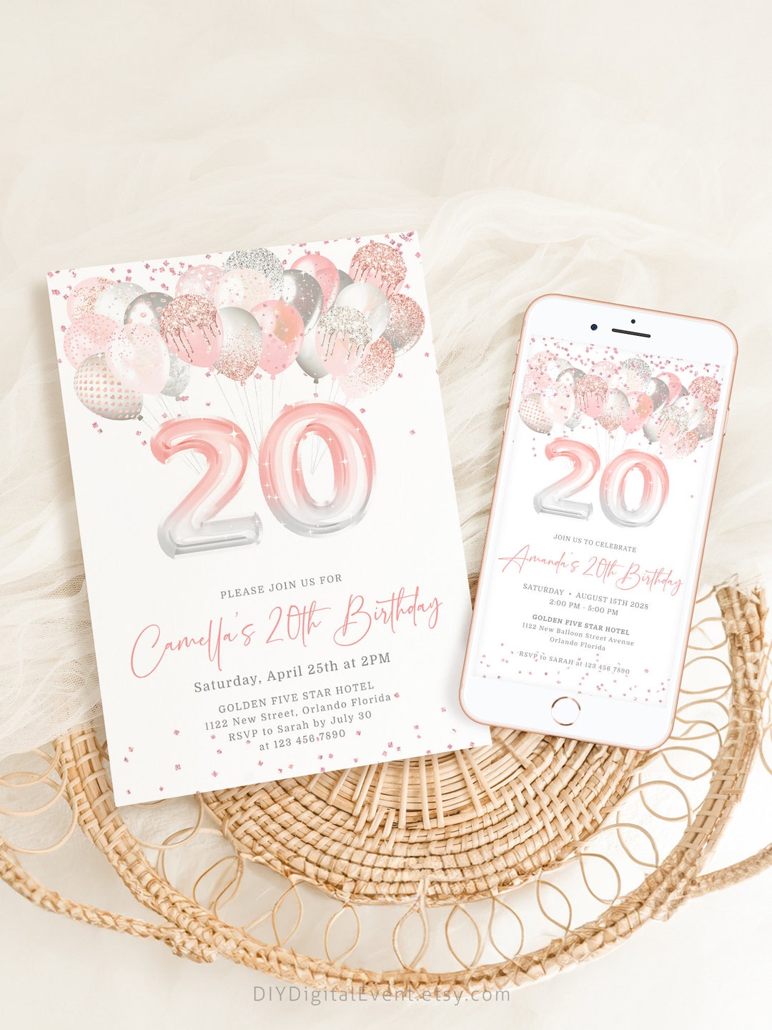 Girl Birthday Invitation Printable 20th Birthday Party Invite Editable ...