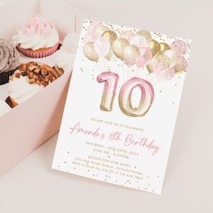 Editable 10th Birthday Invitation Template Gold Pink Glittery Balloons ...