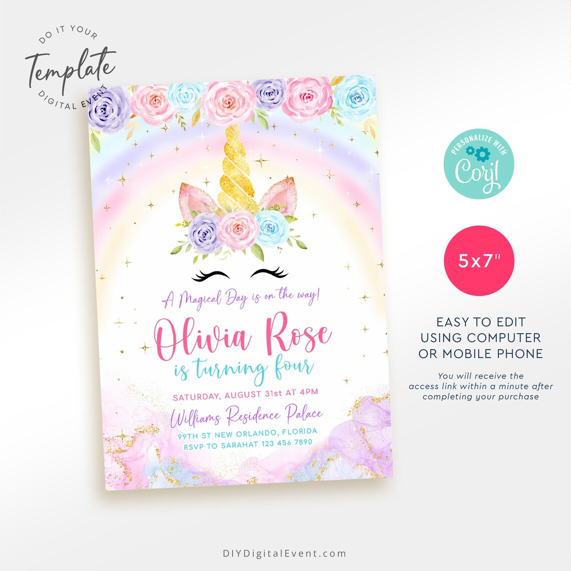 Editable Unicorn Birthday Invitation Template Magical Rainbow Unicorn ...
