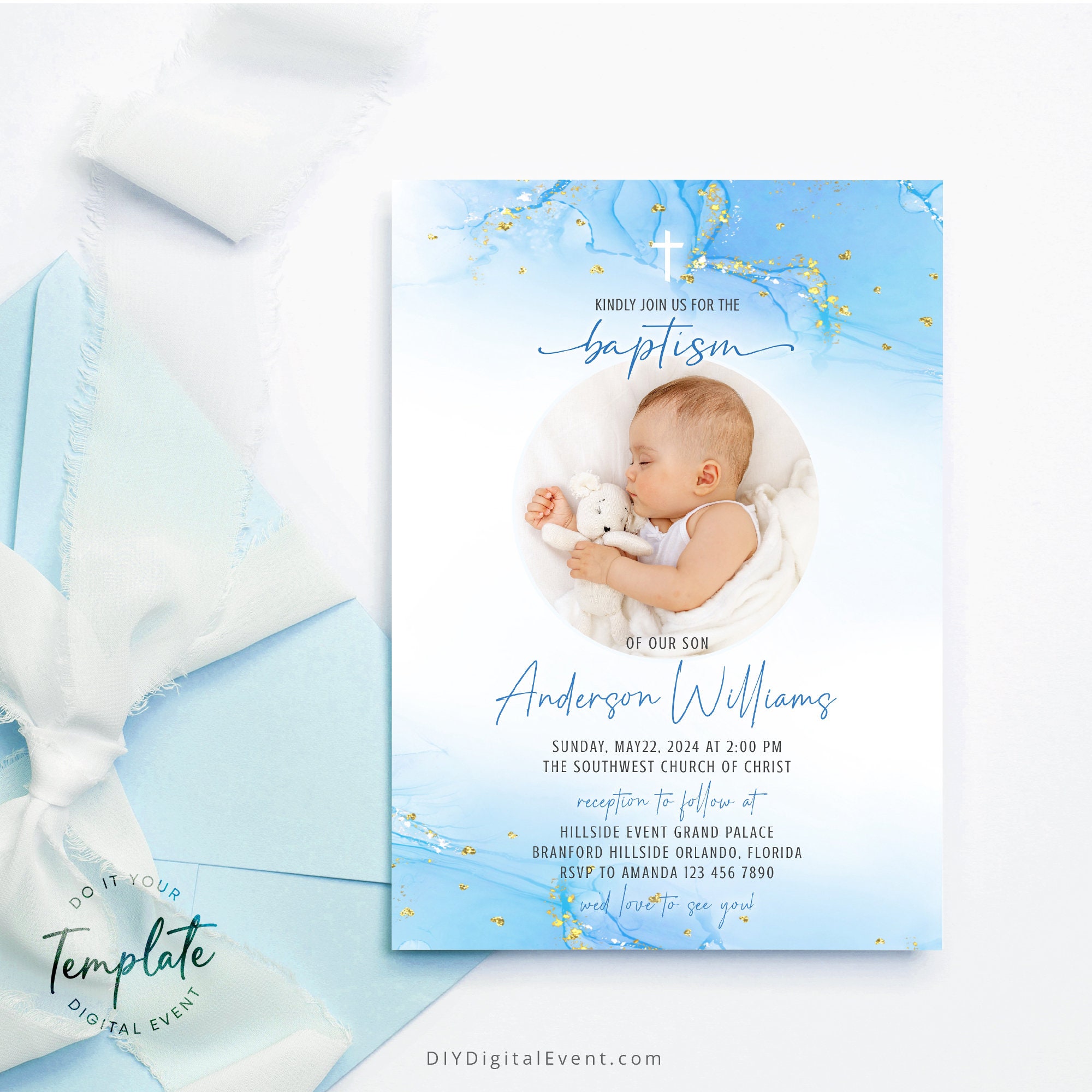 Editable Baptism Invitation Template Light Blue Christening Invitation Printable Baptism Card With Photo Sky Blue Gold Marble Baptismal BT15 Etsy