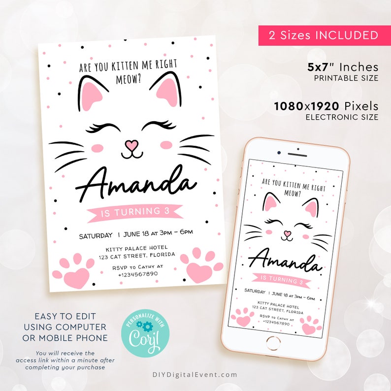 Kitty Cat Birthday Invitation Template Editable Kitten - Etsy