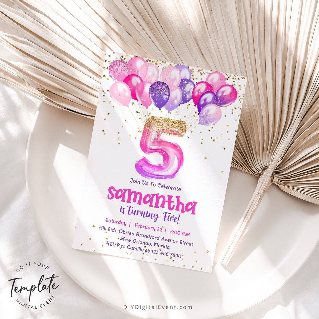 Pink 5th Birthday Invite Template, Glittery Purple Pink Balloons Fifth ...