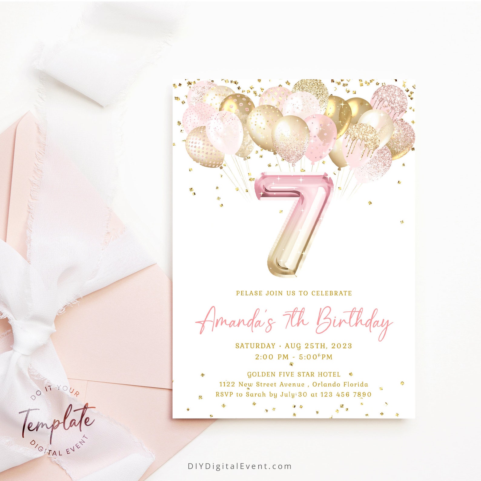 Editable 7th Birthday Invitation Template Gold Pink Glittery - Etsy