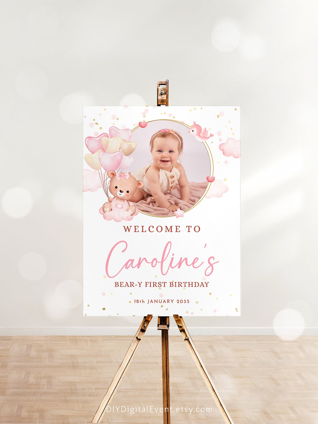 Cute Bear Welcome Sign Template Editable Pink Gold Welcome Printable ...