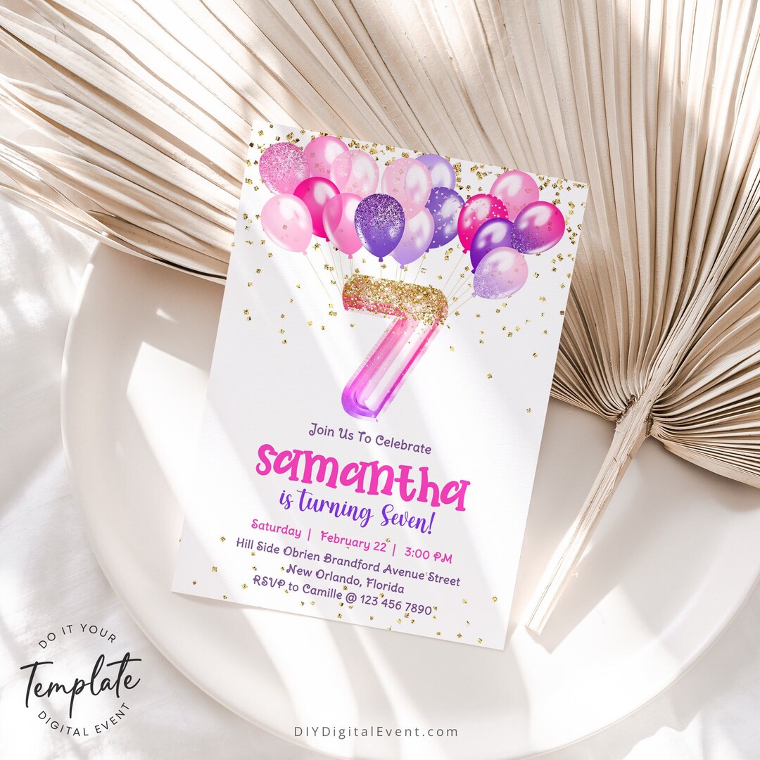 Pink 7th Birthday Invite Template, Glittery Purple Pink Balloons ...